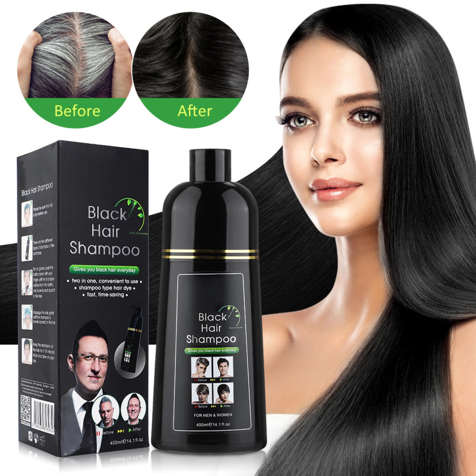 Black Hair Dye Shampoo for Gray Hair, 400ml Semi-Permanent Hair Color ...