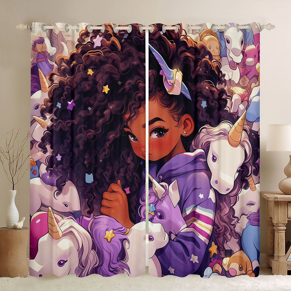 Black Hair Girls Blackout Curtains Cartoon Unicorn Curtains,American ...