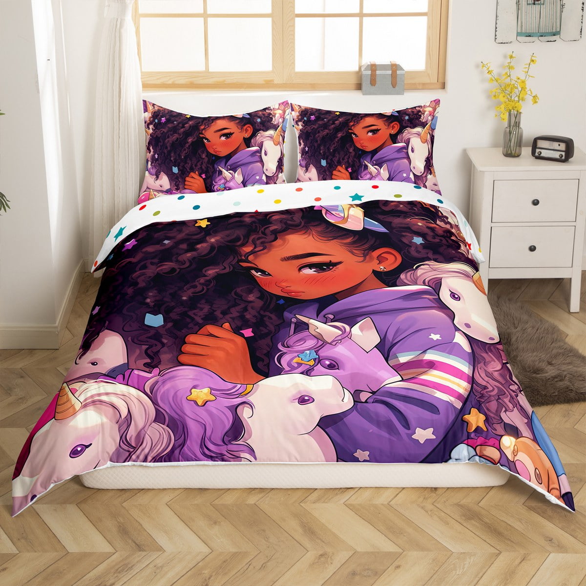 Black Hair Girls Duvet Cover Cartoon Unicorn Queen Bedding Sets for ...