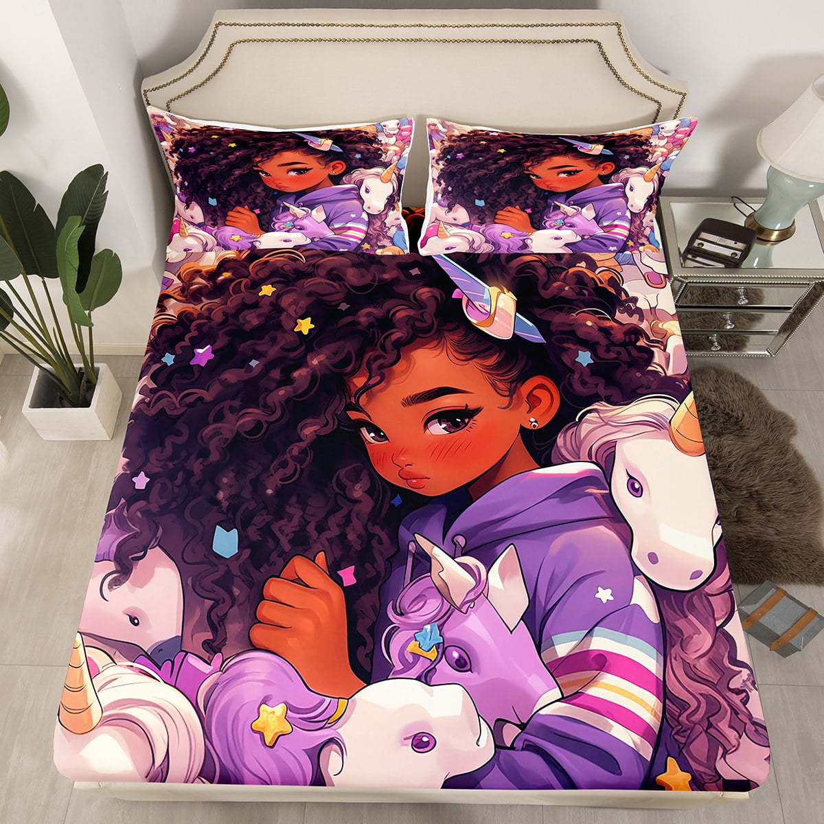 Black Hair Fitted Sheet Cartoon Unicorn Queen Bed Sheets ,American ...