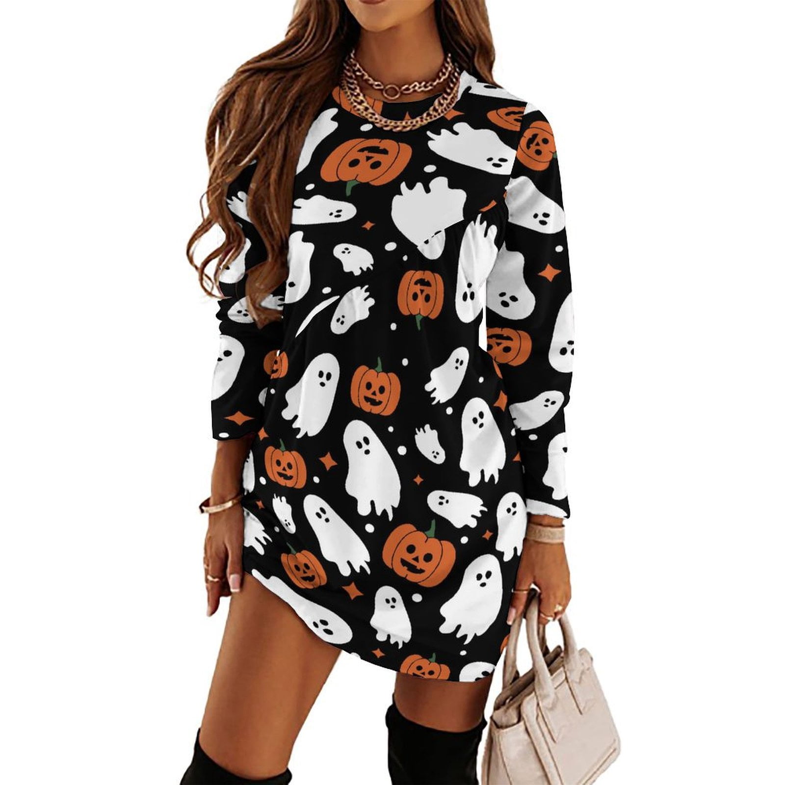Black Halloween Background with Pumpkin Loose Dress Evening Dress ...
