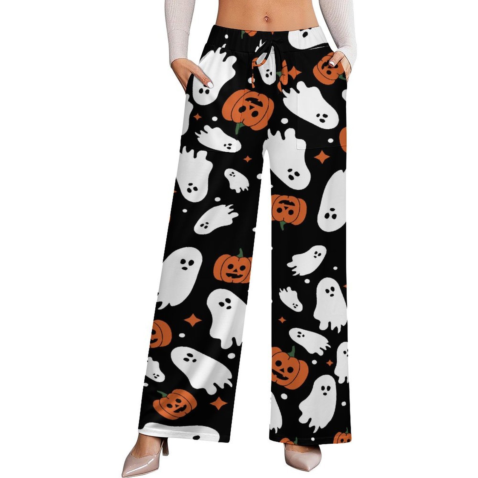 Black Halloween Background with Pumpkin Women's Casual Wide Leg Pants ...