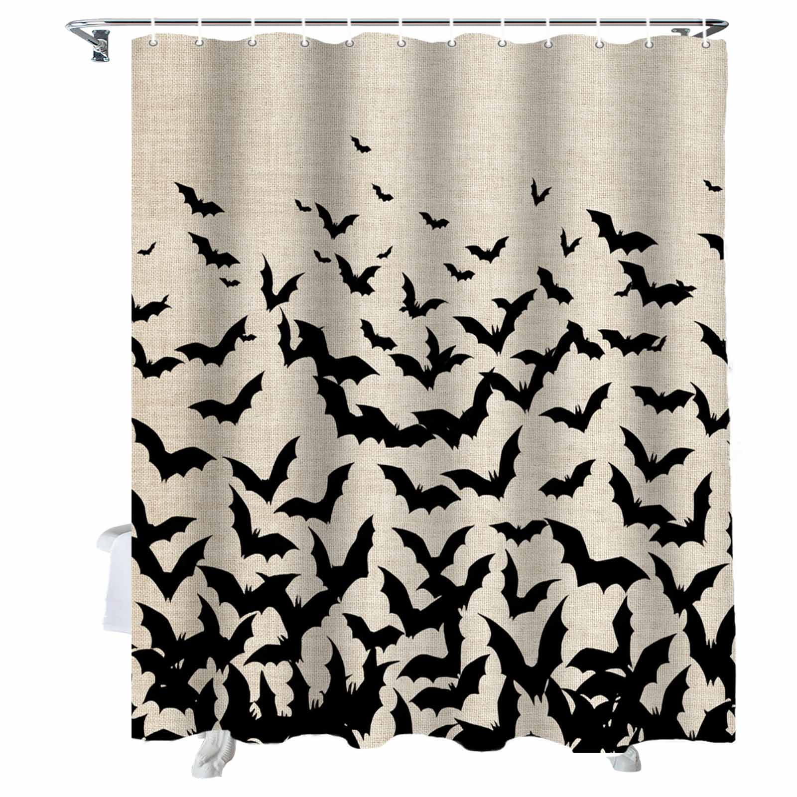 Black Halloween Bat Shower Curtain, Beige Farmhouse Horror Night Shower ...
