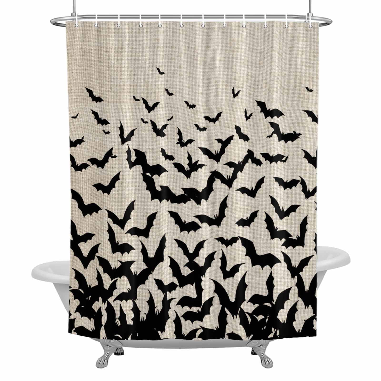 Black Halloween Bat Shower Curtain Set with Hooks, Beige Farmhouse ...