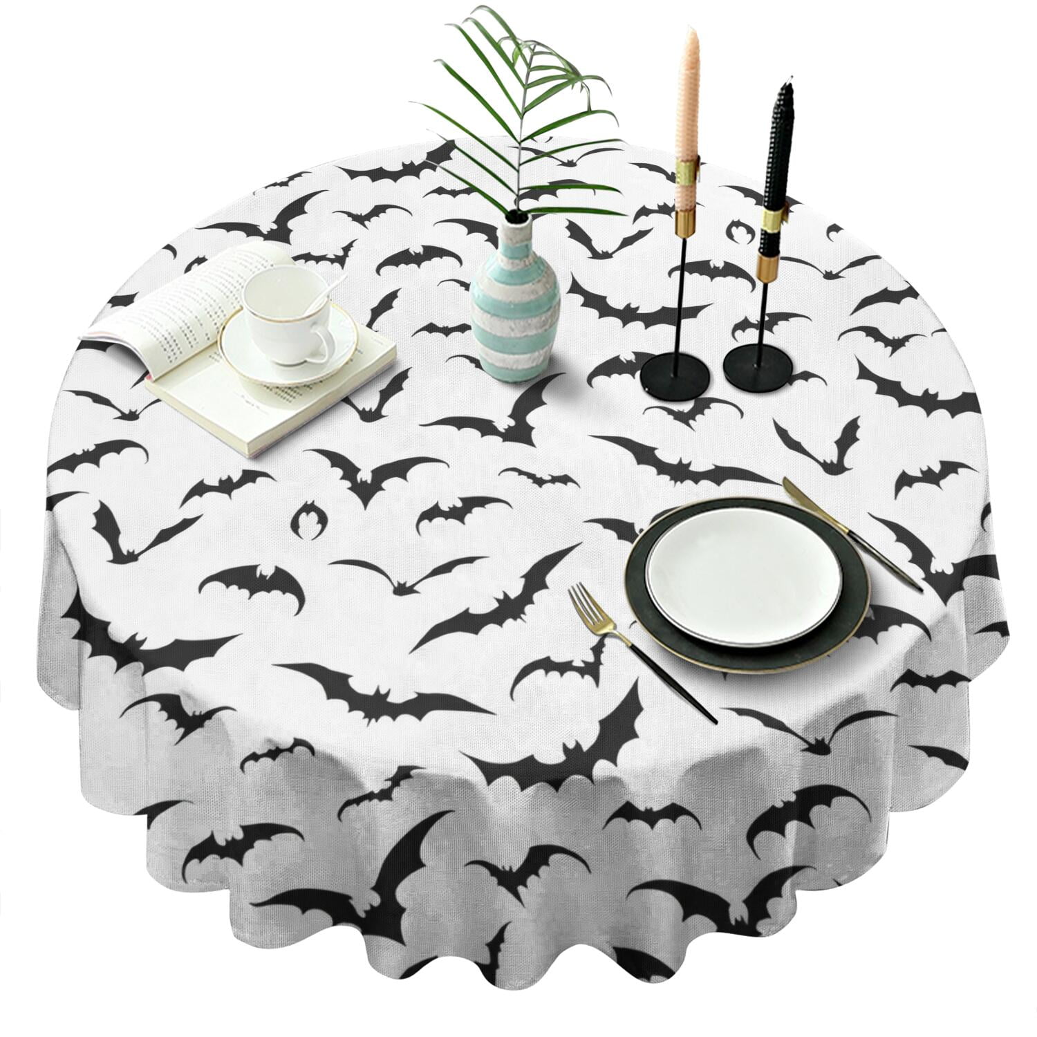 Black Halloween Bats Round Tablecloth 60"x60",Wrinkle Wipeable Table ...