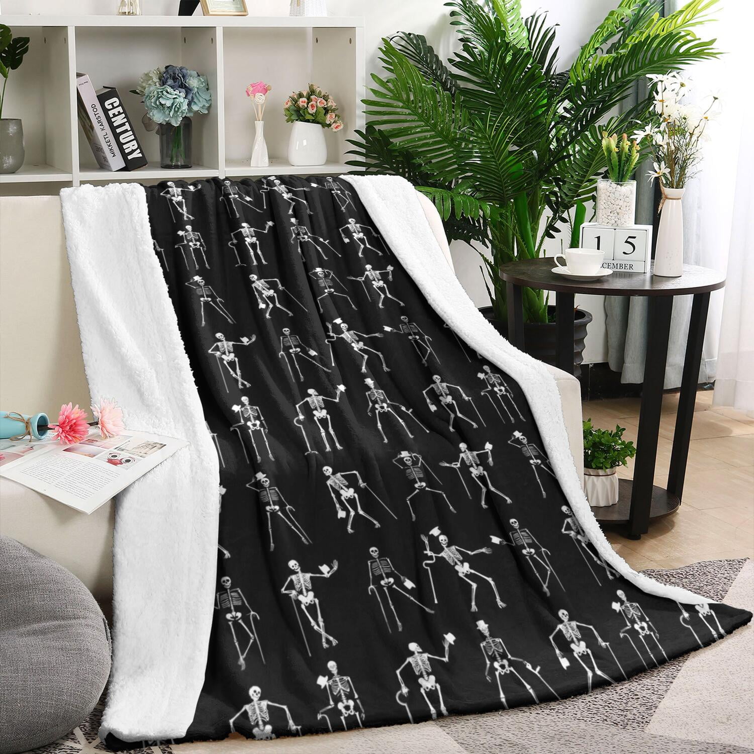 Black Halloween Dancing Skeleton Pattern Blanket,Comfortable Soft Lamb ...