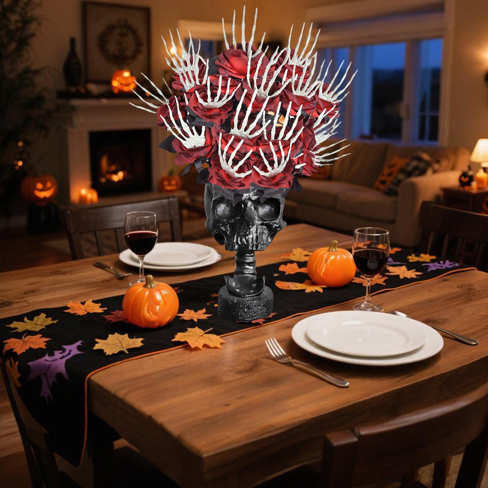 Black Halloween Flower Stems with Fake Roses and Skeleton Hand Bones ...