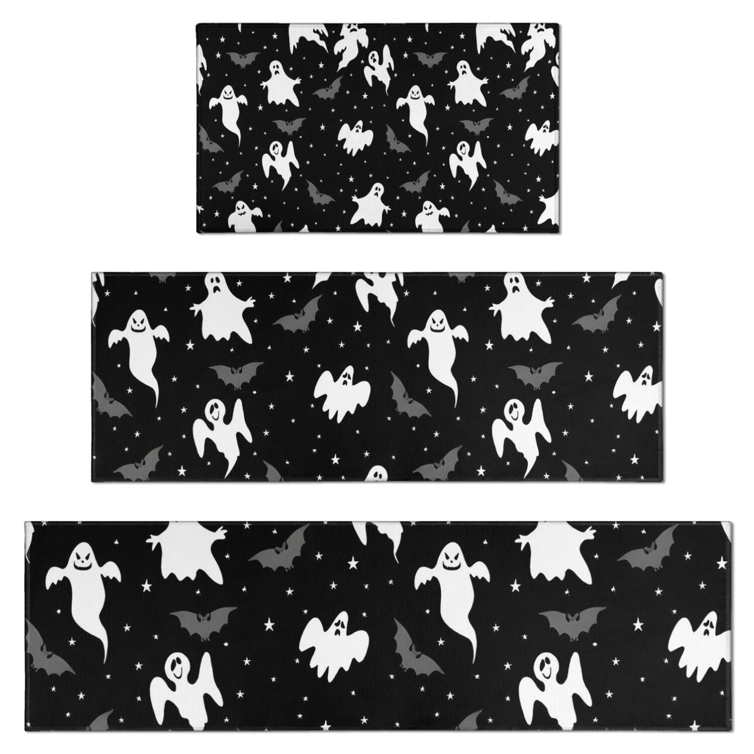 Black Halloween Ghosts Bats and Stars Kitchen Rugs Sets Of 3,Kitchen ...