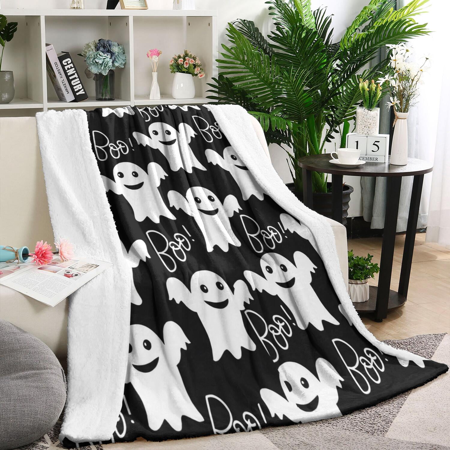 Black Halloween Ghosts with Boo Blanket,Comfortable Soft Lamb Wool ...