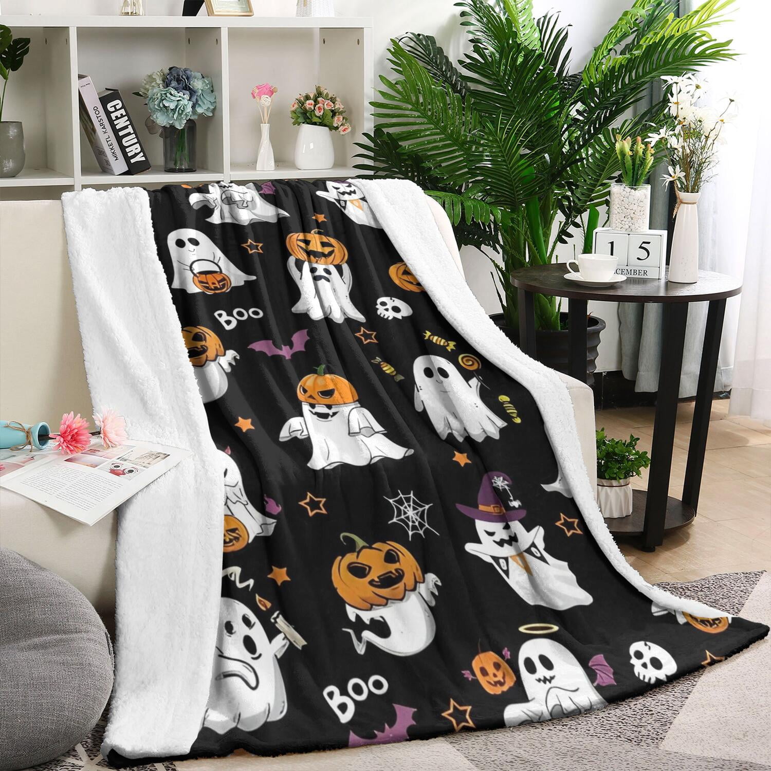 Black Halloween Ghosts and Pumpkins Blanket,Comfortable Soft Flannel ...