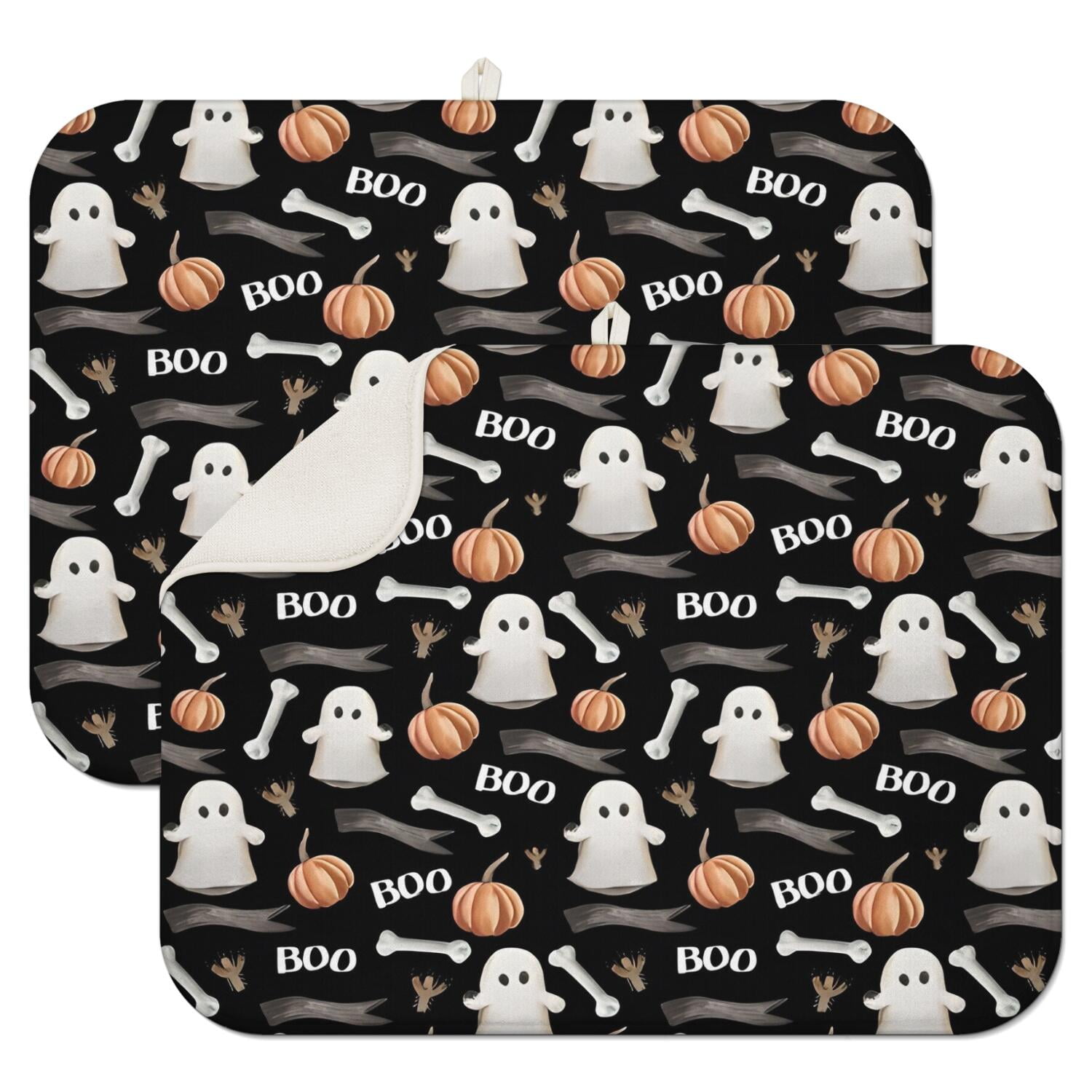 Black Halloween Ghosts Pumpkins and Bones Dish Drying Mat for Kitchen 1 ...