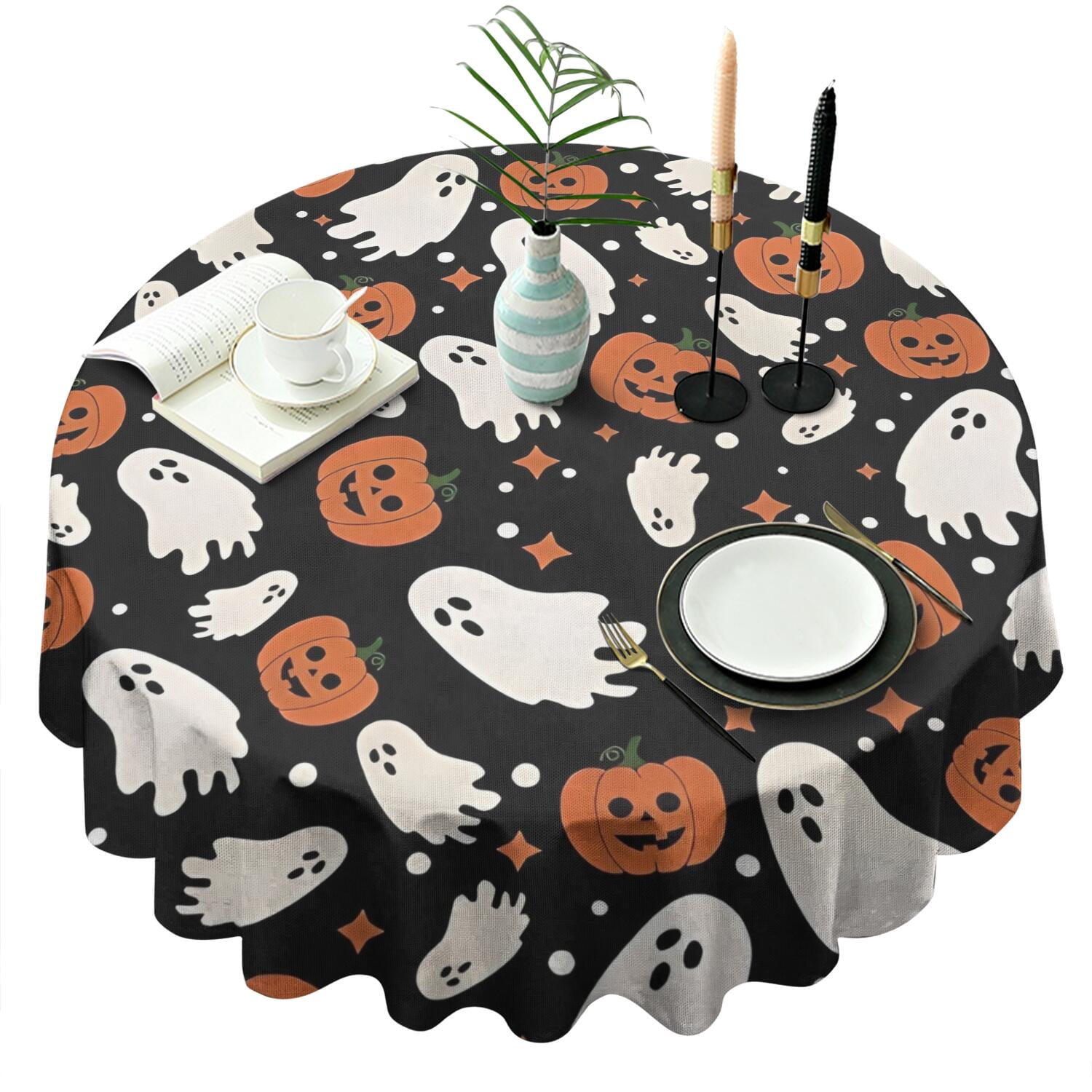 Black Halloween Ghosts and Pumpkins Round Tablecloth 60"x60",Wrinkle ...