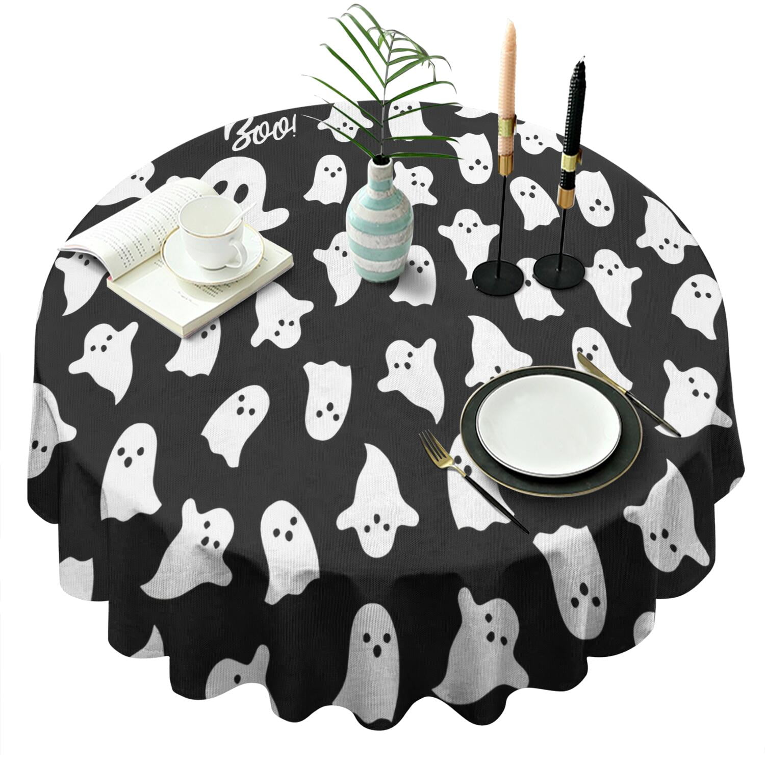 Black Halloween Ghosts with Boo Round Tablecloth 60"x60",Wrinkle ...