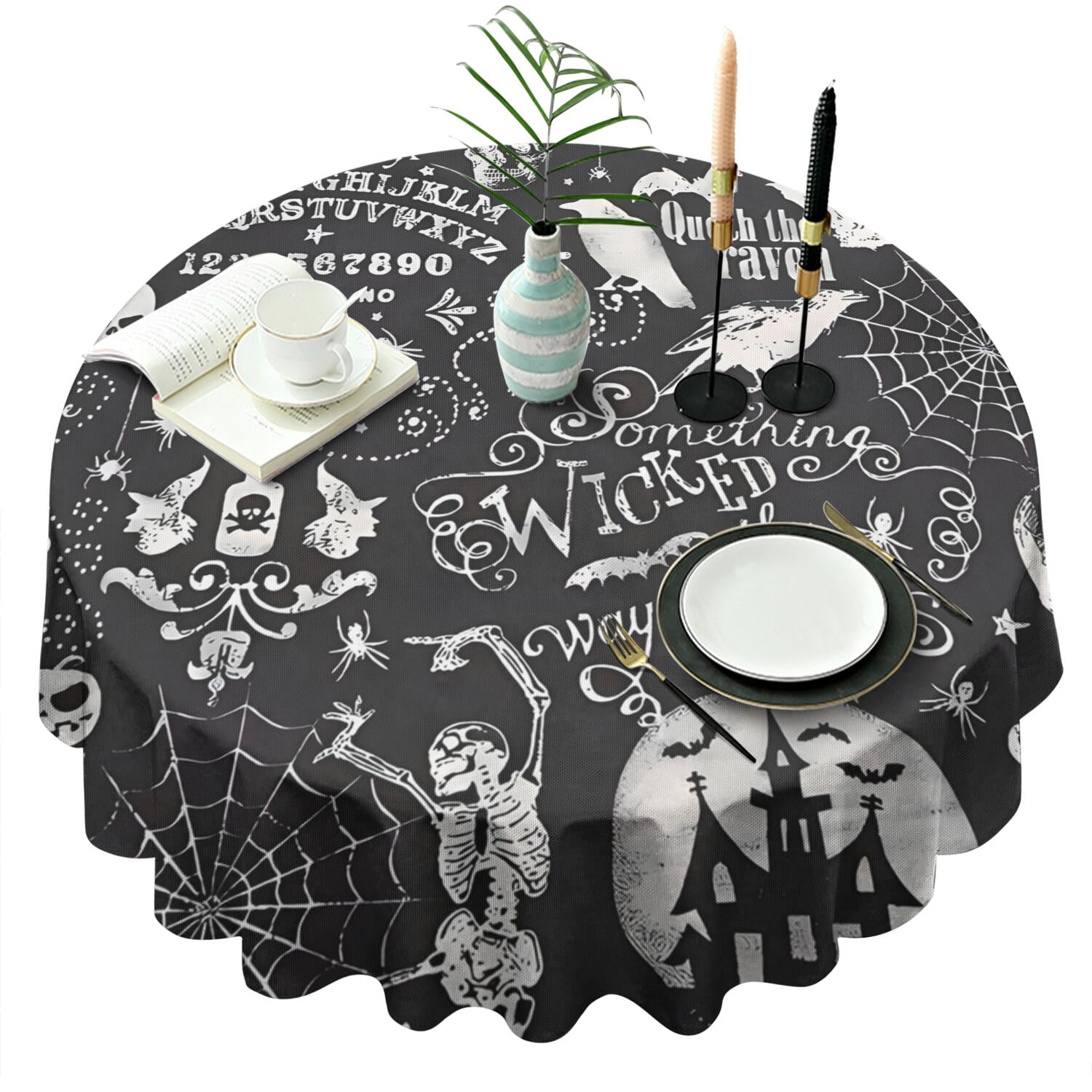 Black Halloween Letter Bat Pattern Round Tablecloth 60"x60",Wrinkle ...