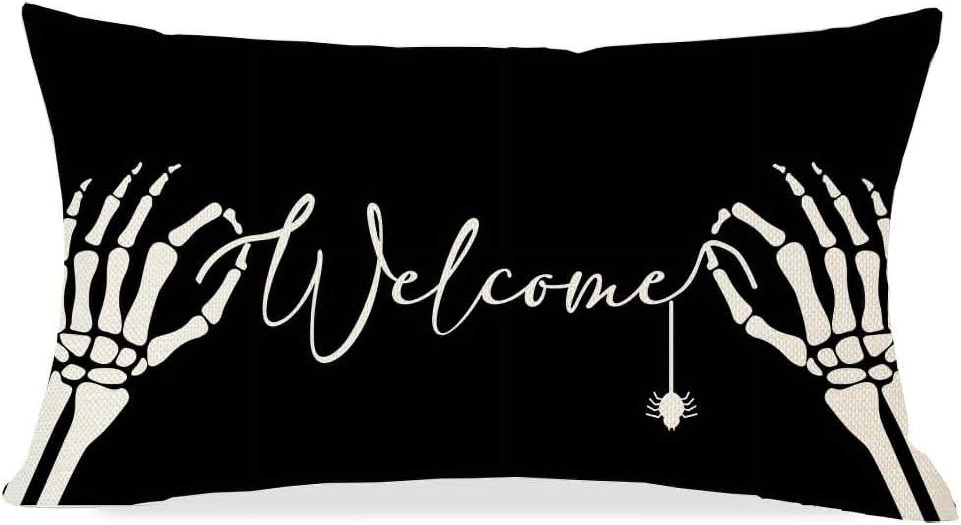 Black Halloween Pillow Cover Skeleton Hand Spider Welcome Outdoor Fall ...