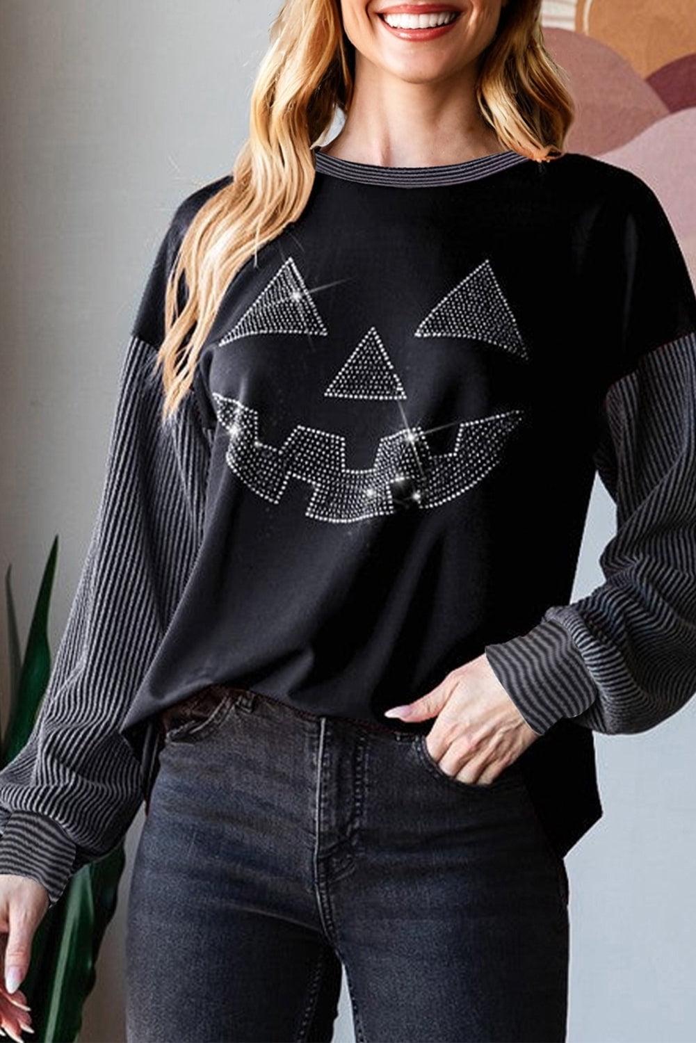 Black Halloween Rhinestone Pumpkin Face Contrast Ribbed Long Sleeve ...