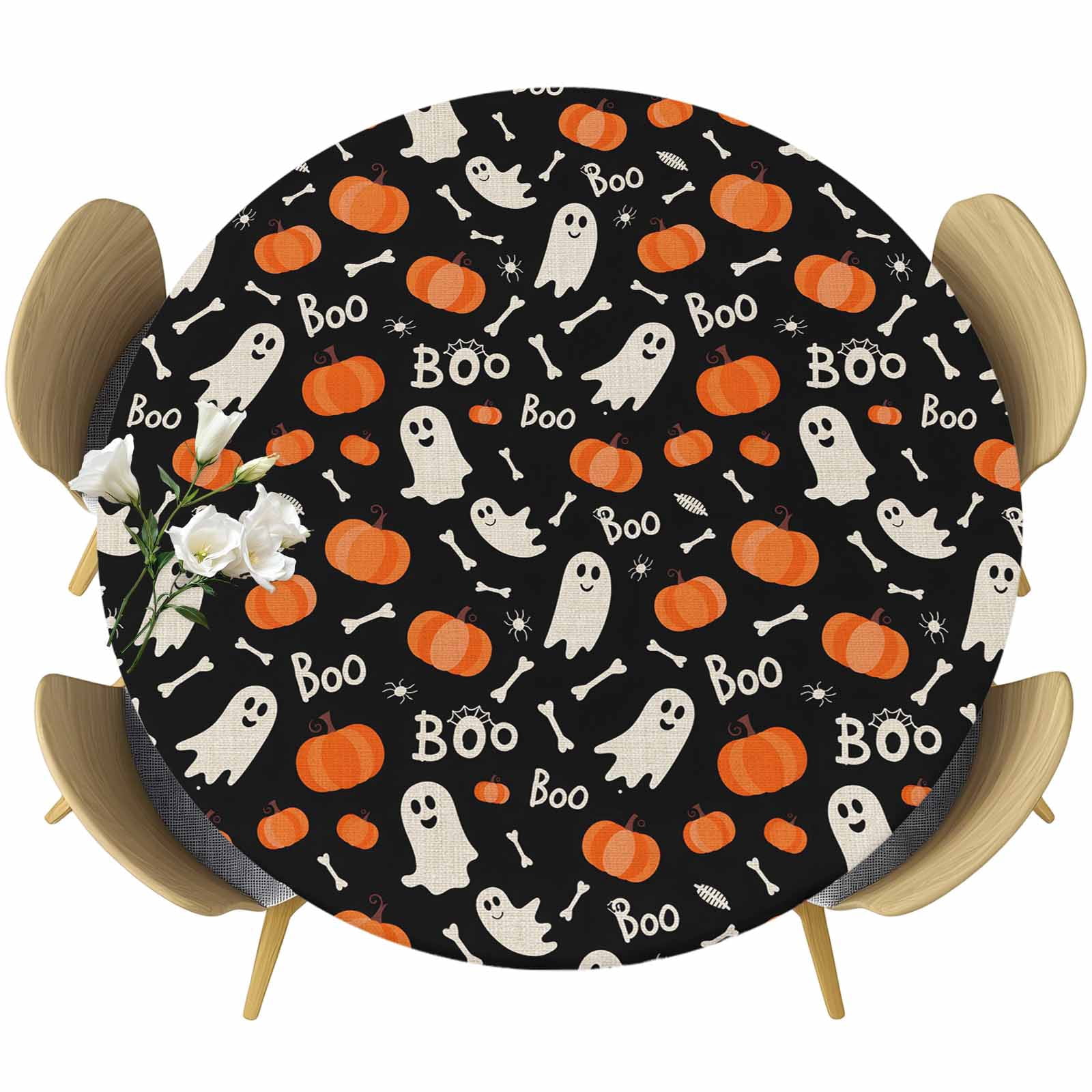Black Halloween Round Tablecloth, Fitted Table Cover with Elastic for ...