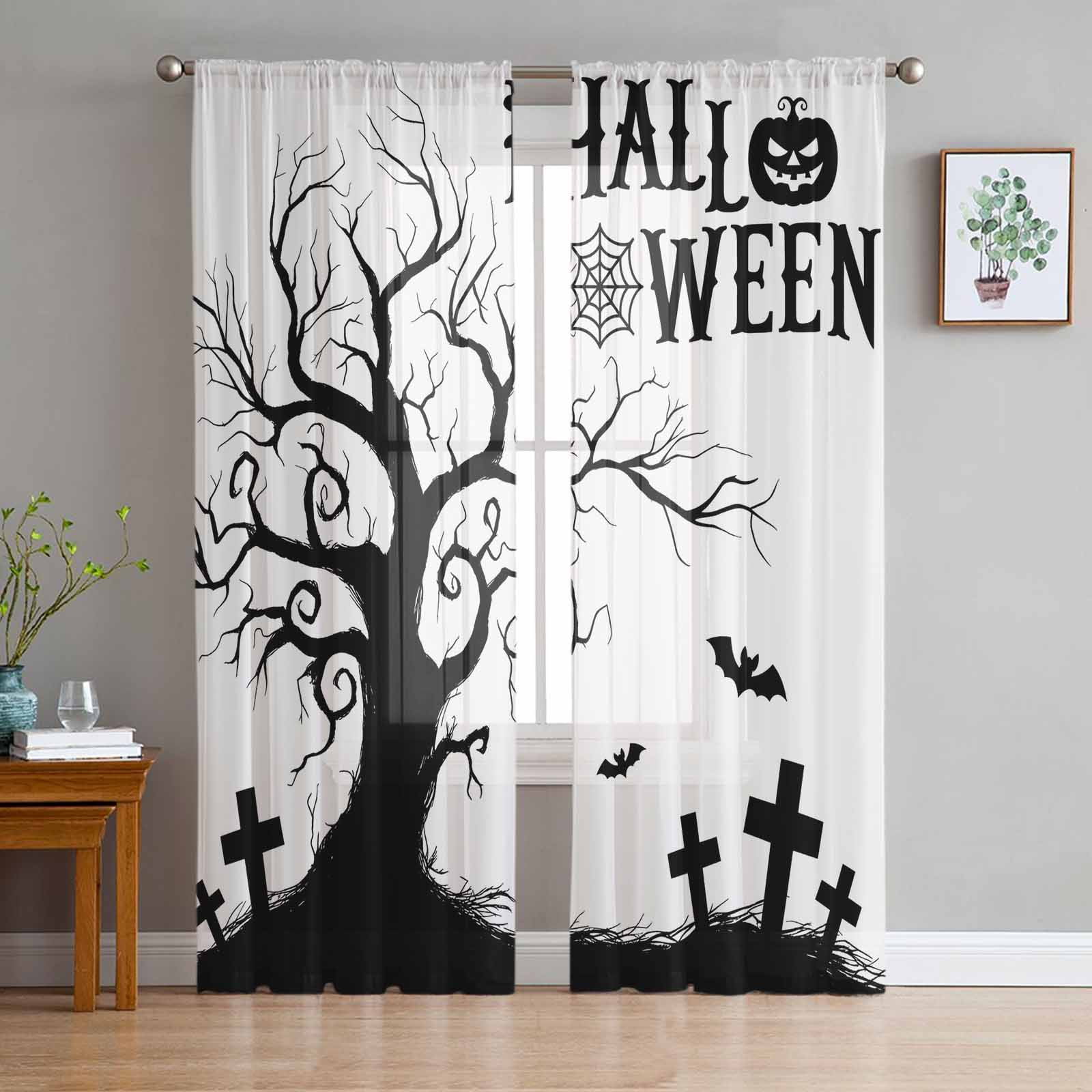 Black Halloween Sheer Curtains 63 Inches Length 2 Panels Set, Window ...