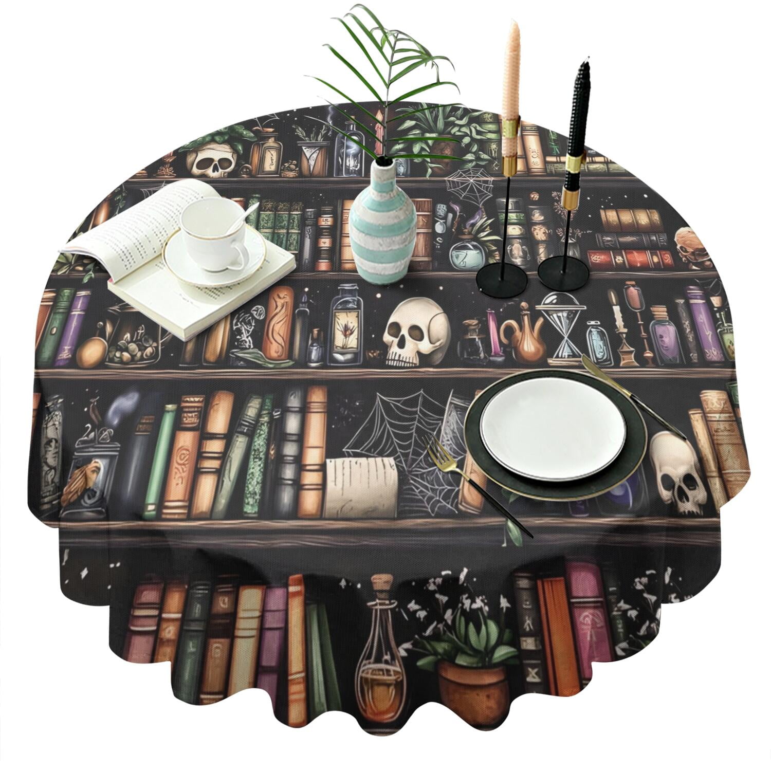 Black Halloween Skull Book Pattern Round Tablecloth 60"x60",Wrinkle ...