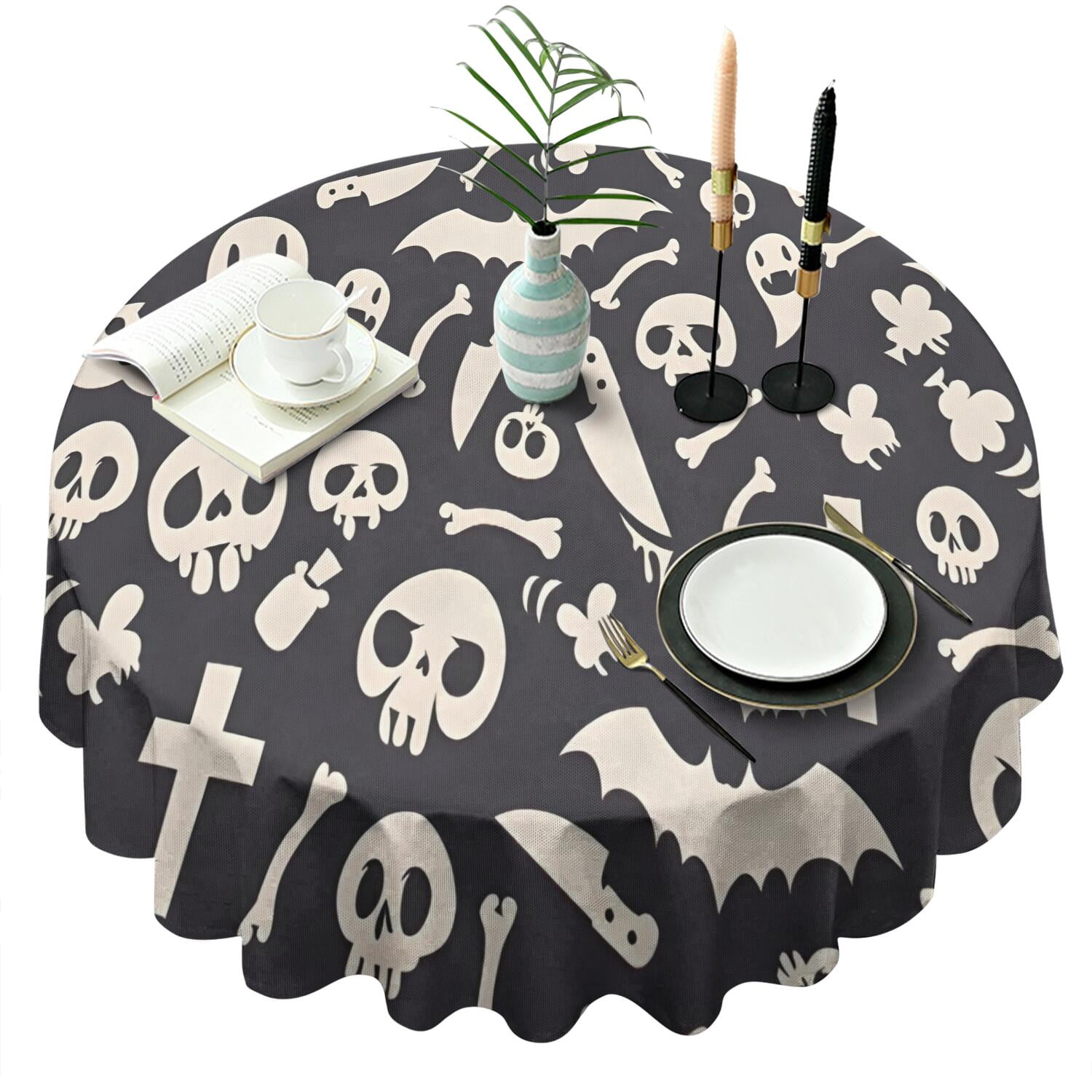 Black Halloween Spooky Elements Round Tablecloth 60"x60",Wrinkle ...