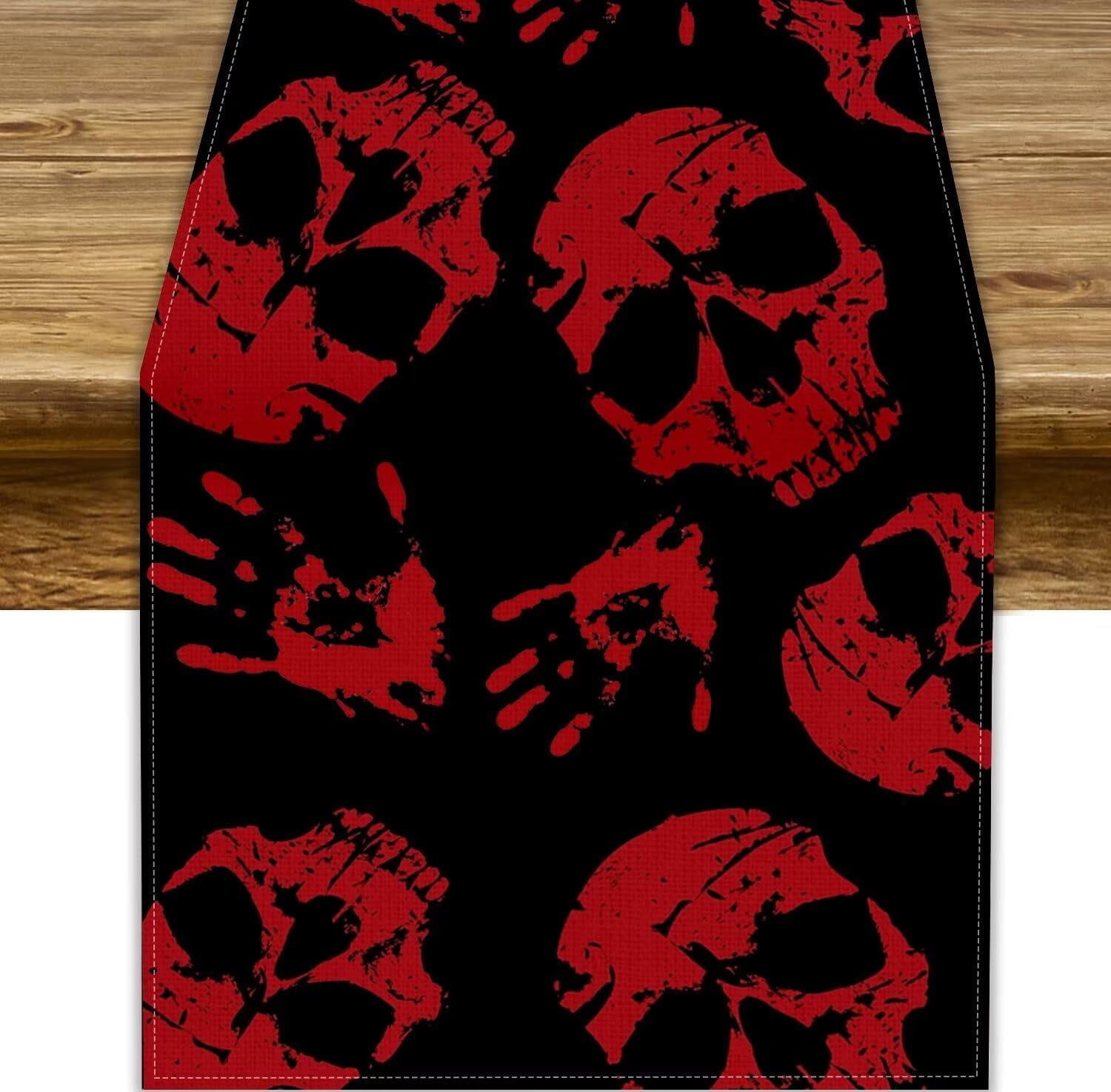 Black Halloween Table Runner, Scary Bloody Hand Print Skull Halloween ...