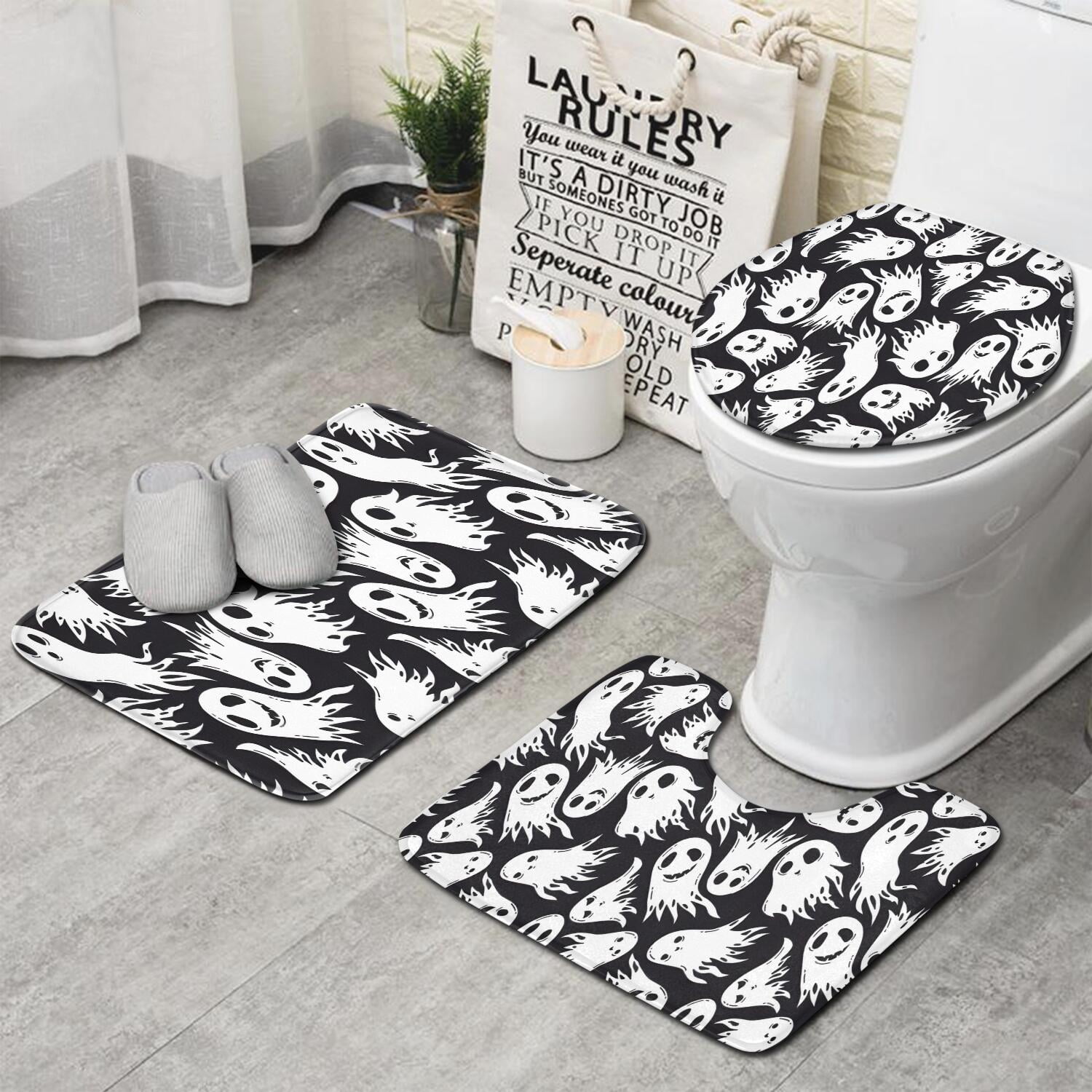 Black Halloween White Ghosts Bathroom Rugs Sets 3 Piece,Toilet Cover ...
