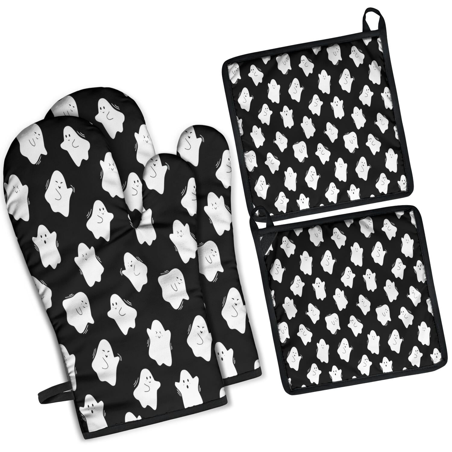 Black Halloween White Ghosts Kitchen Oven Mitt and Pot Holder Sets 4 ...
