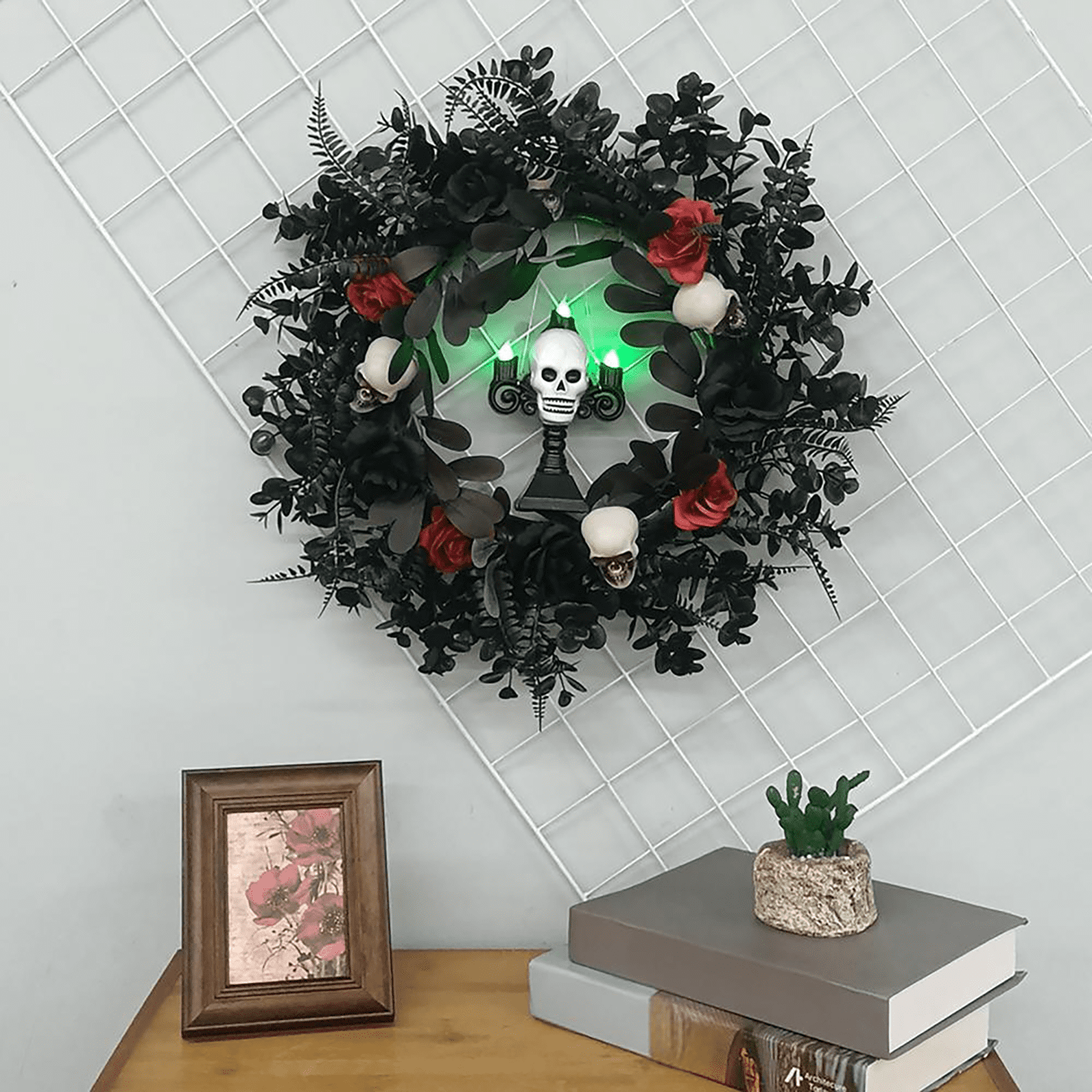 Black Halloween Wreath with Red Roses and Gothic Vine for Front Door ...