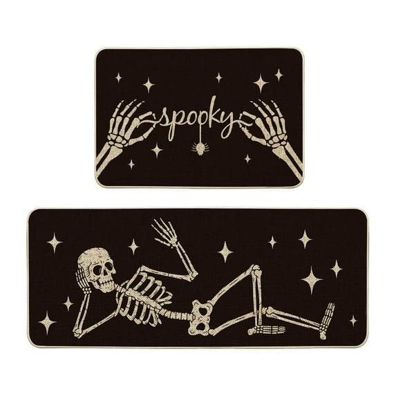 Black Halloween kitchen mats set of 2, spooky skeleton spider bone ...