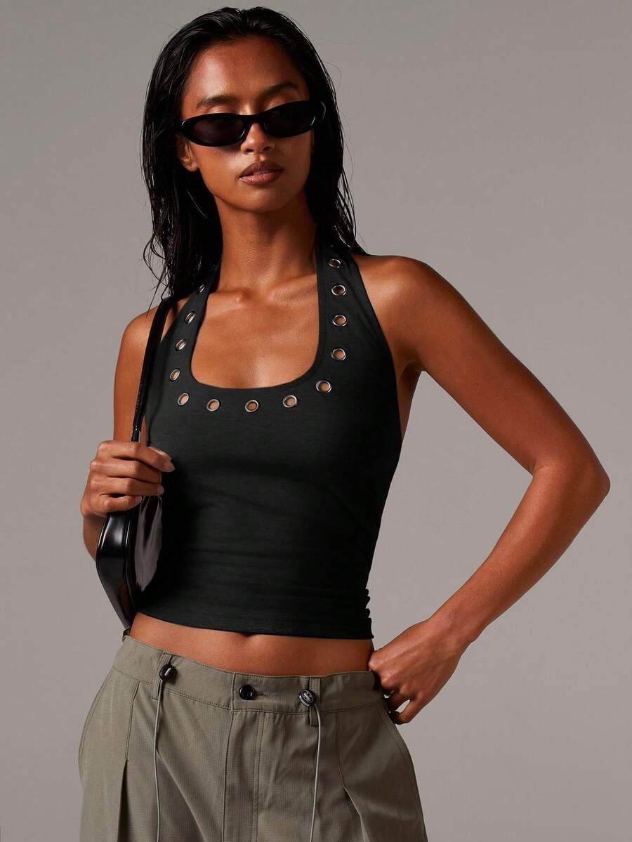 Black Halter Neck Crop Top With Metal Eyelet Studs Jersey Fabric ...