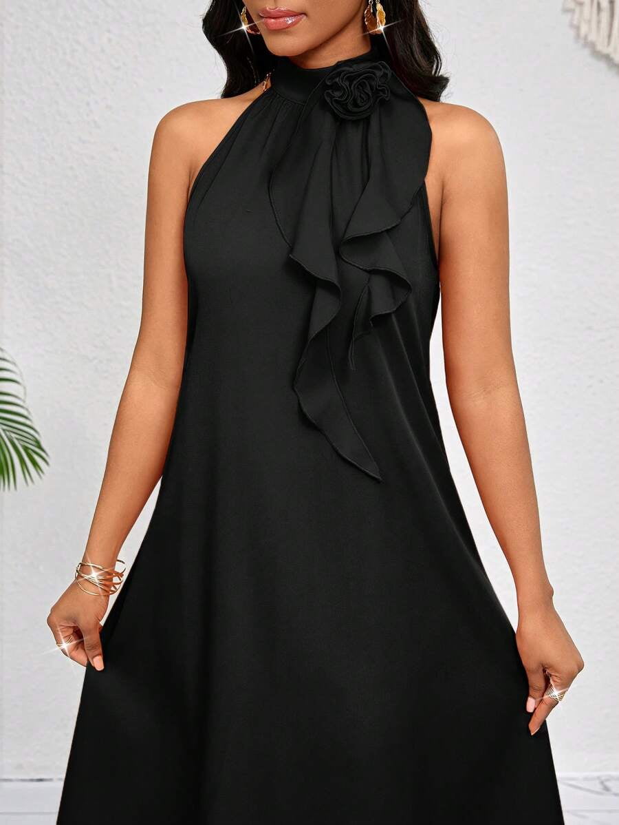 Black Halter Neck Midi Dress With 3D Flower And Cascading Ruffle Detail ...