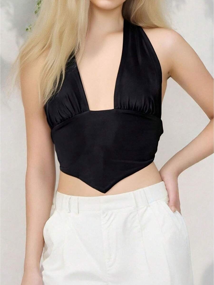 Black Halter Neck Sleeveless Crop Top With Deep V Neck And Ruched Waist ...