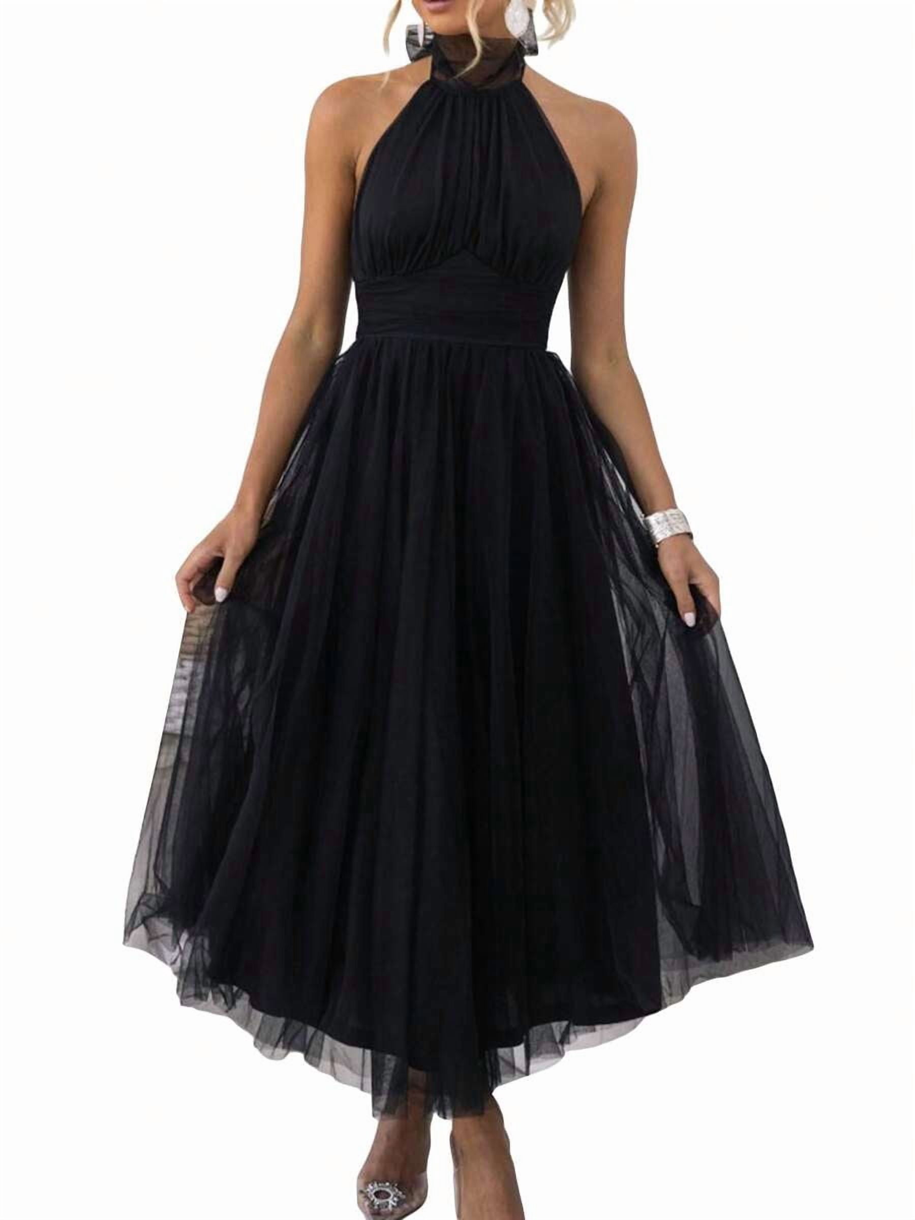 Black Halter Neck Tulle High Waist A-Line Midi Dress With Backless ...