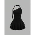 Black Halter One-Shoulder Ruched Waist Tiered Mini Dress For Women ...