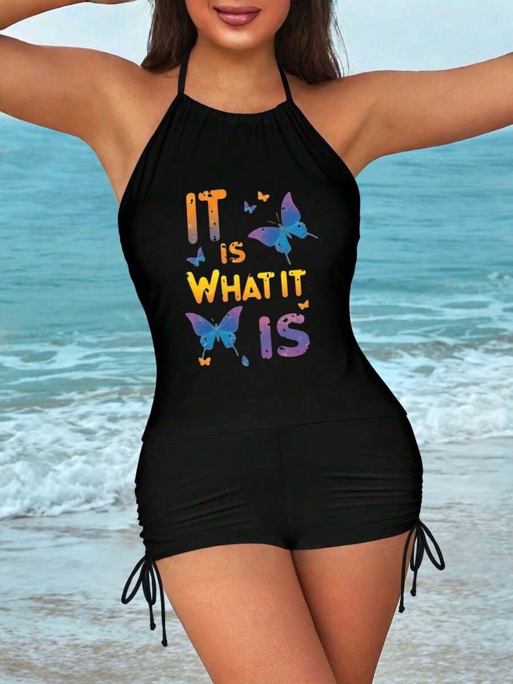 Black Halter Tankini Set With Inspirational Butterfly Quote Print ...