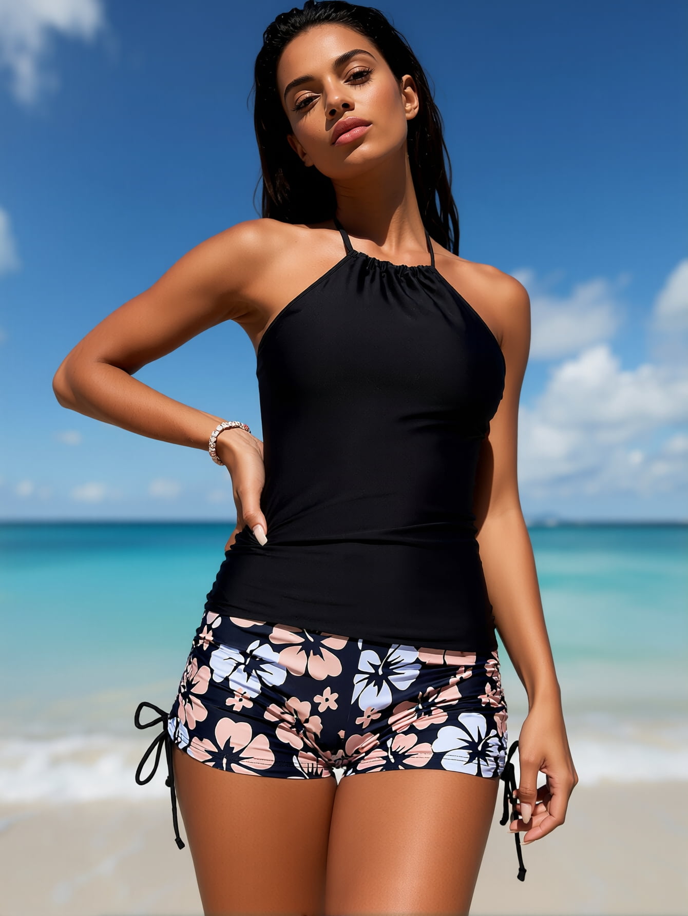 Black Halter Tankini With Floral Print Boyshorts - Walmart.com