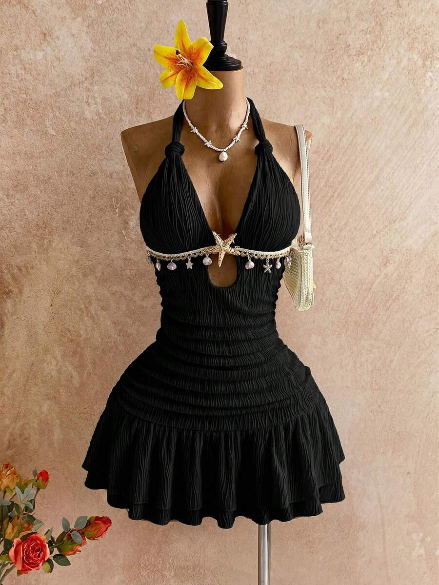 Black Halter Twist Ruched Bodycon Mini Dress With Shell And Starfish ...