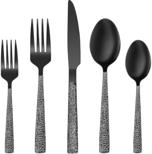 Black Hammered Silverware Set, 20-Piece Stainless Steel Square Flatware ...