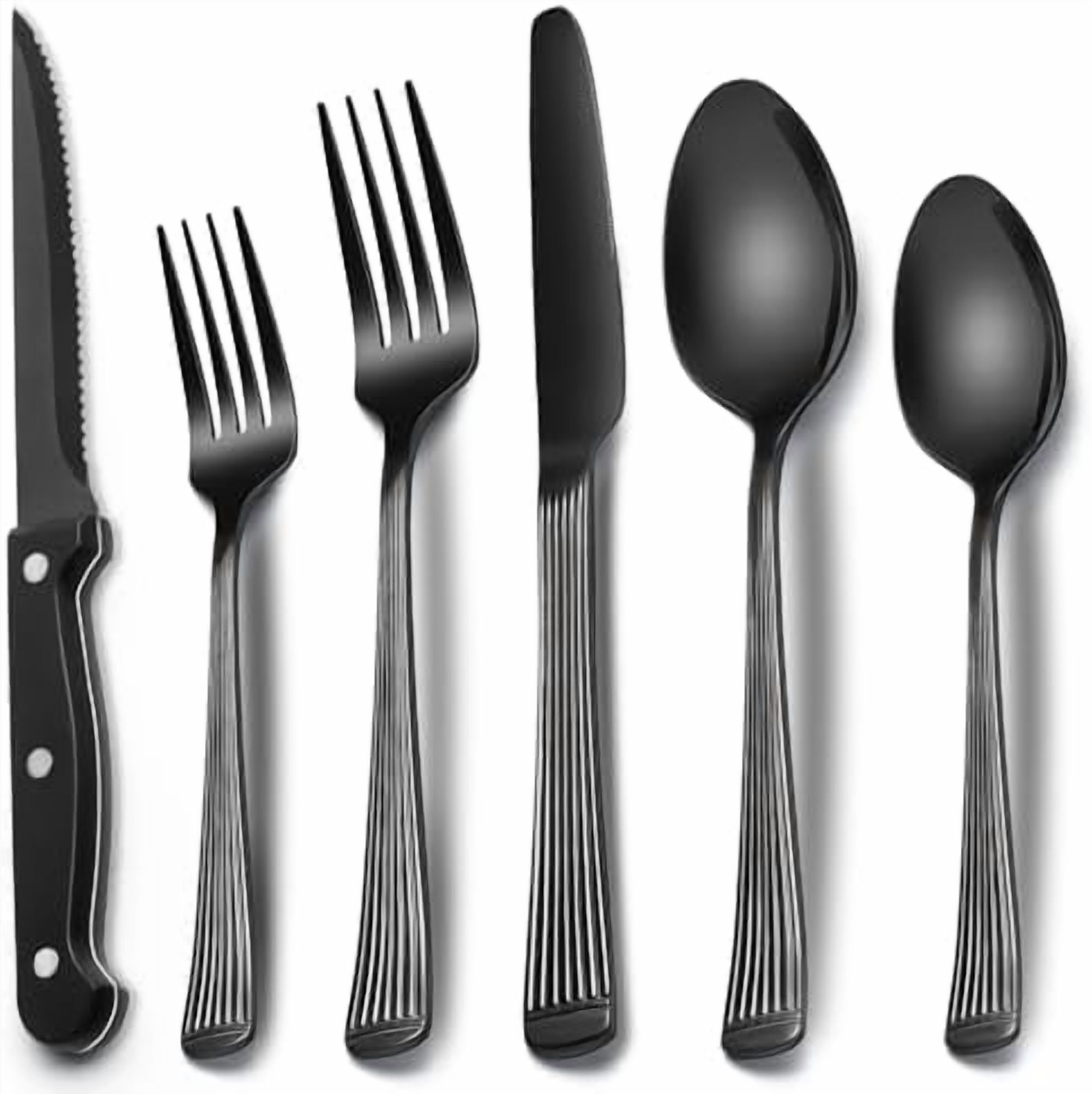 Black Hammered Silverware Set With Steak Knives, 24-Piece Stainless ...