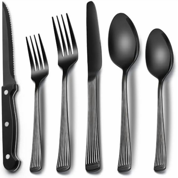 Black Hammered Silverware Set With Steak Knives, 24-Piece Stainless ...
