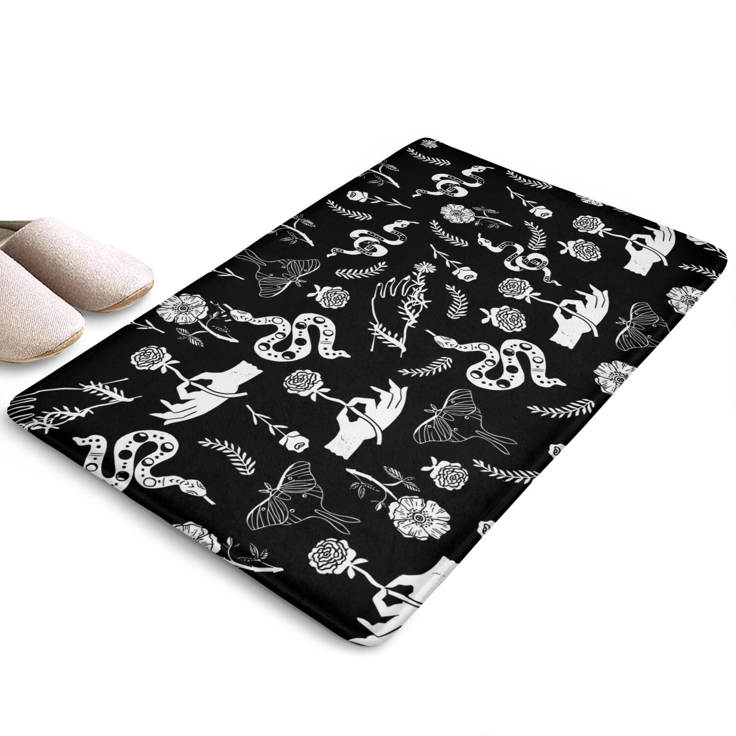 Black Hand Flower Snake Pattern Flannel Non Slip Door Rugs,Washable ...