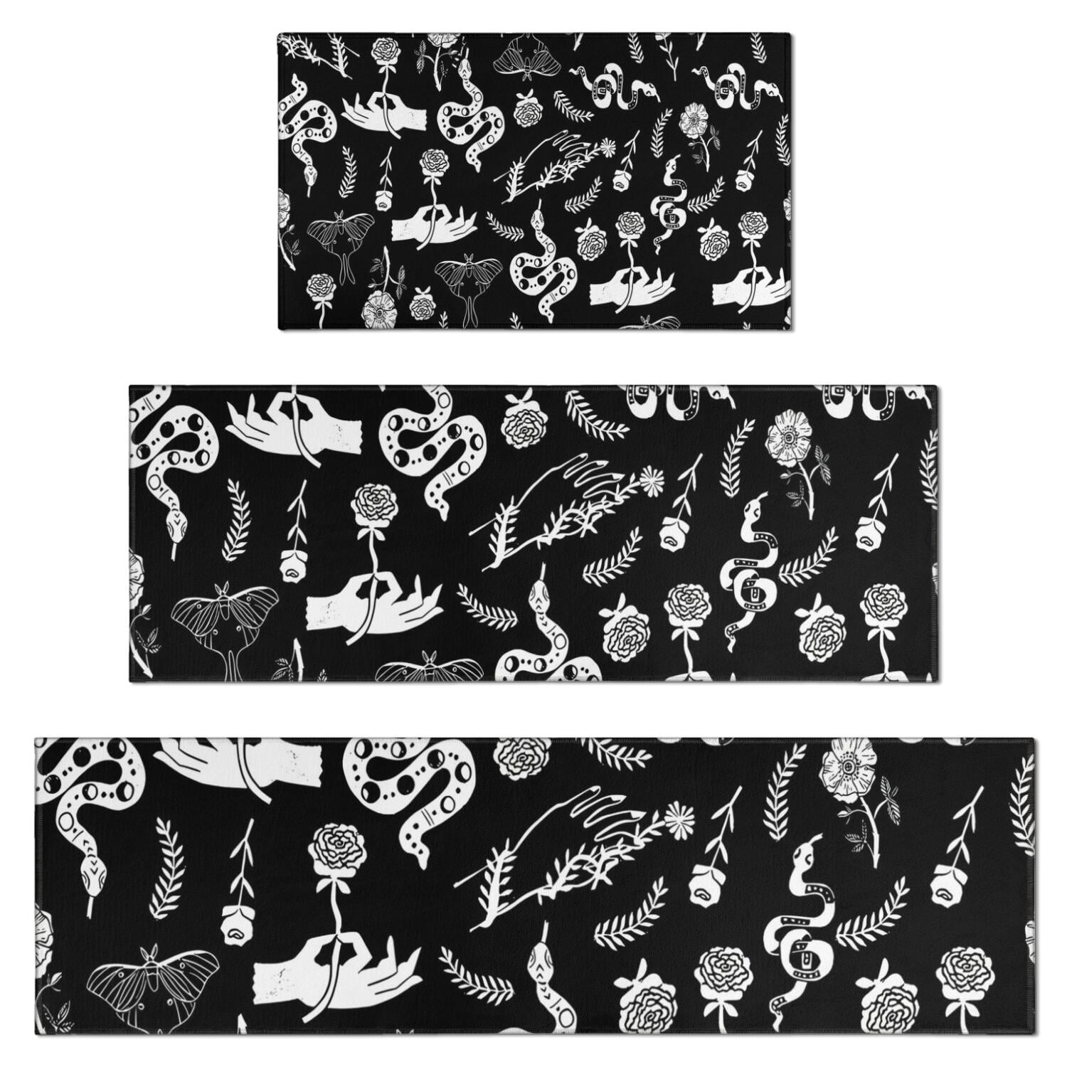 Black Hand Flower Snake Pattern Kitchen Rugs Sets Of 3,Kitchen Runner ...