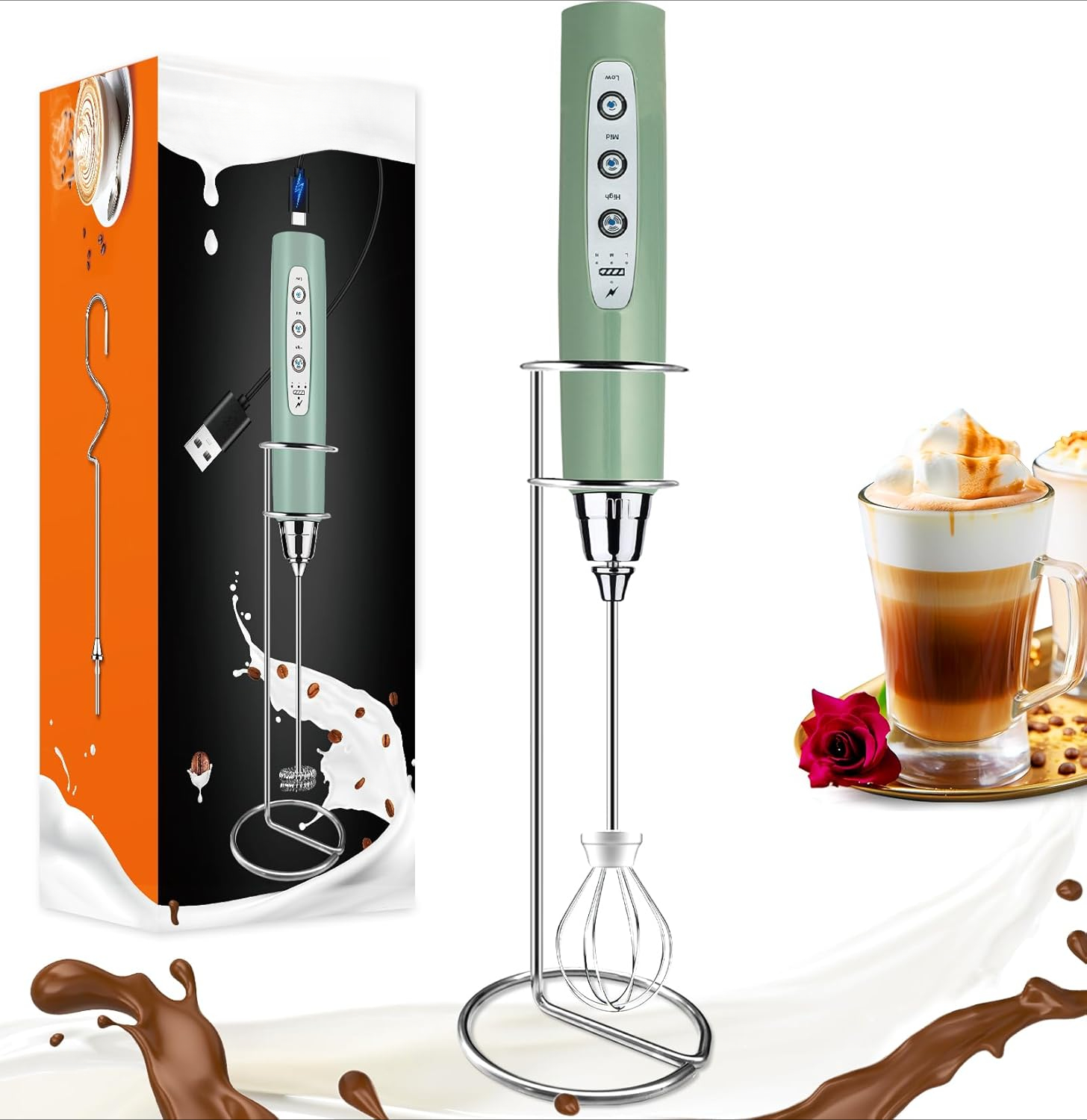 Black Handheld Milk Frother Wand for Coffee, Rechargeable Electric ...