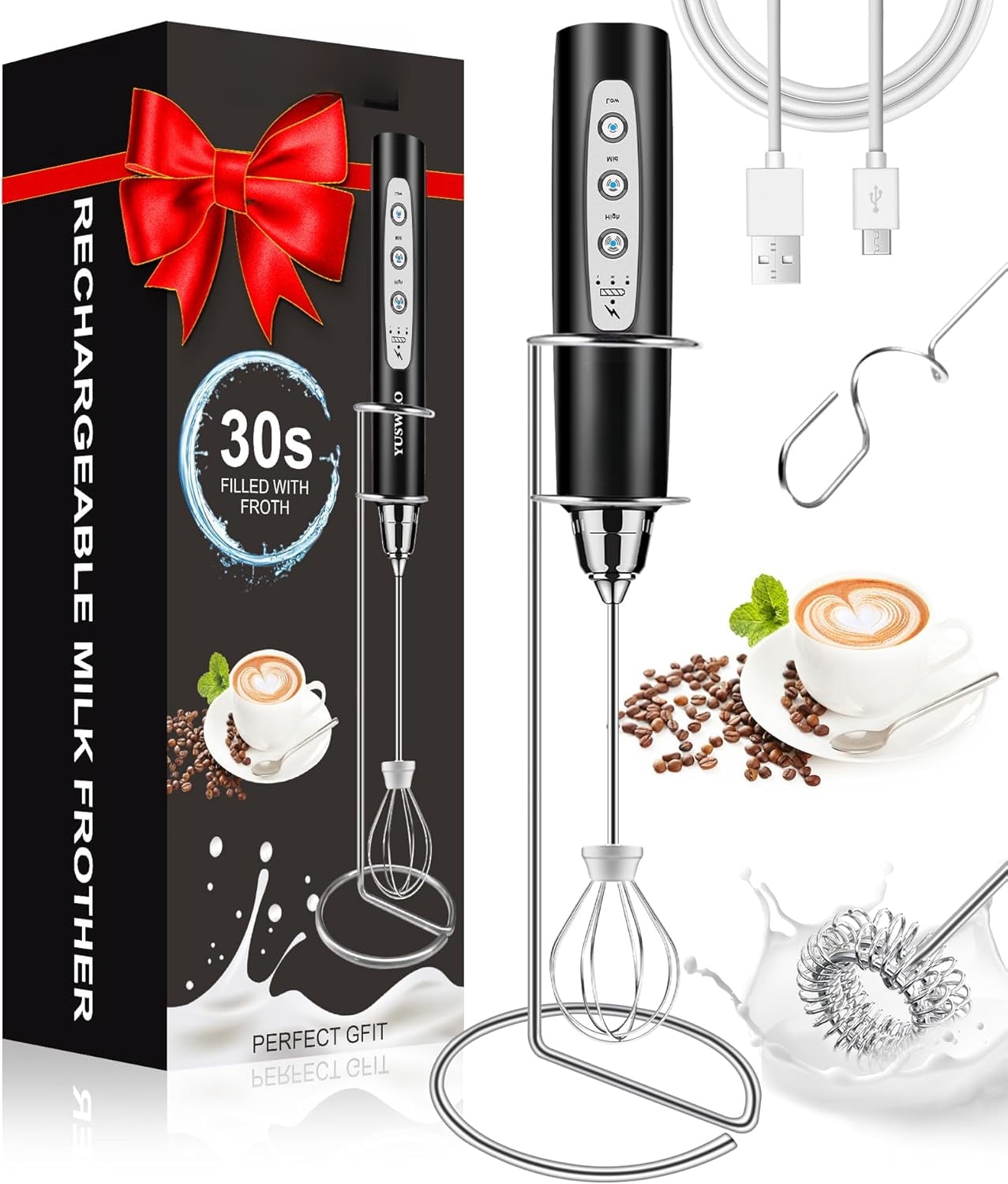 Black Handheld Milk Frother Wand for Coffee, Rechargeable Electric ...