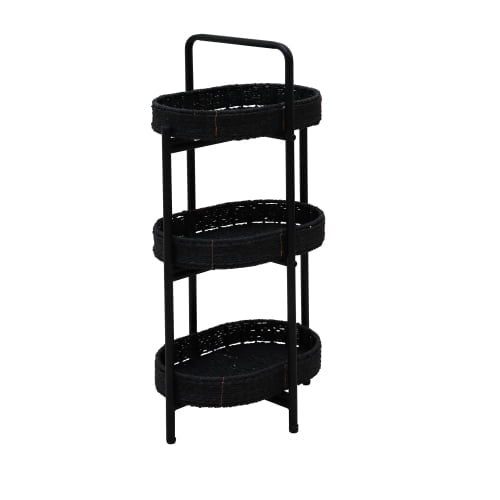 Black Handwoven 3-Tier Storage Shelf, Oval Organizer & Side Table for ...