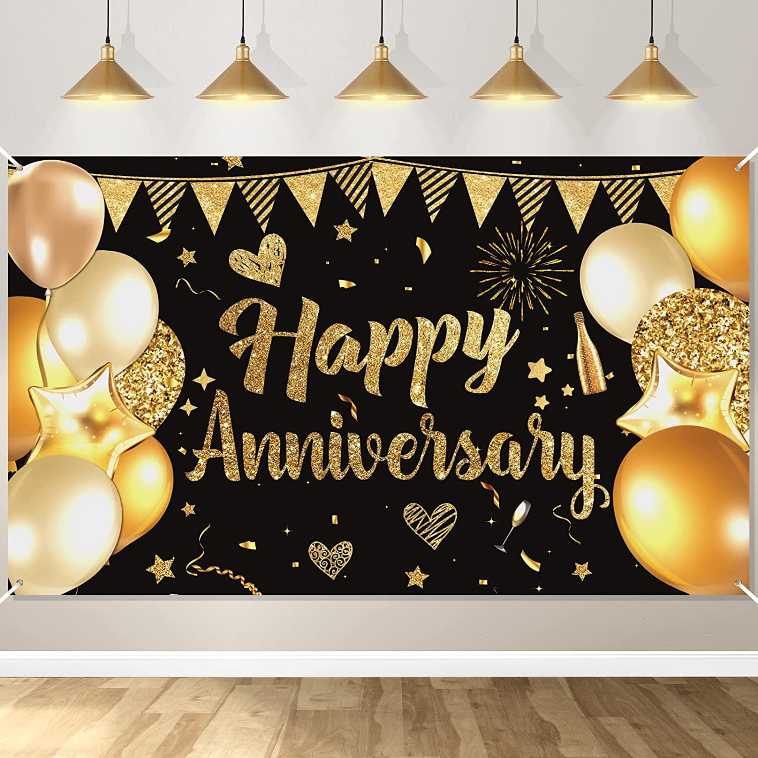 Black Happy Anniversary Party Banner Backdrop, Large Black Gold Wedding ...