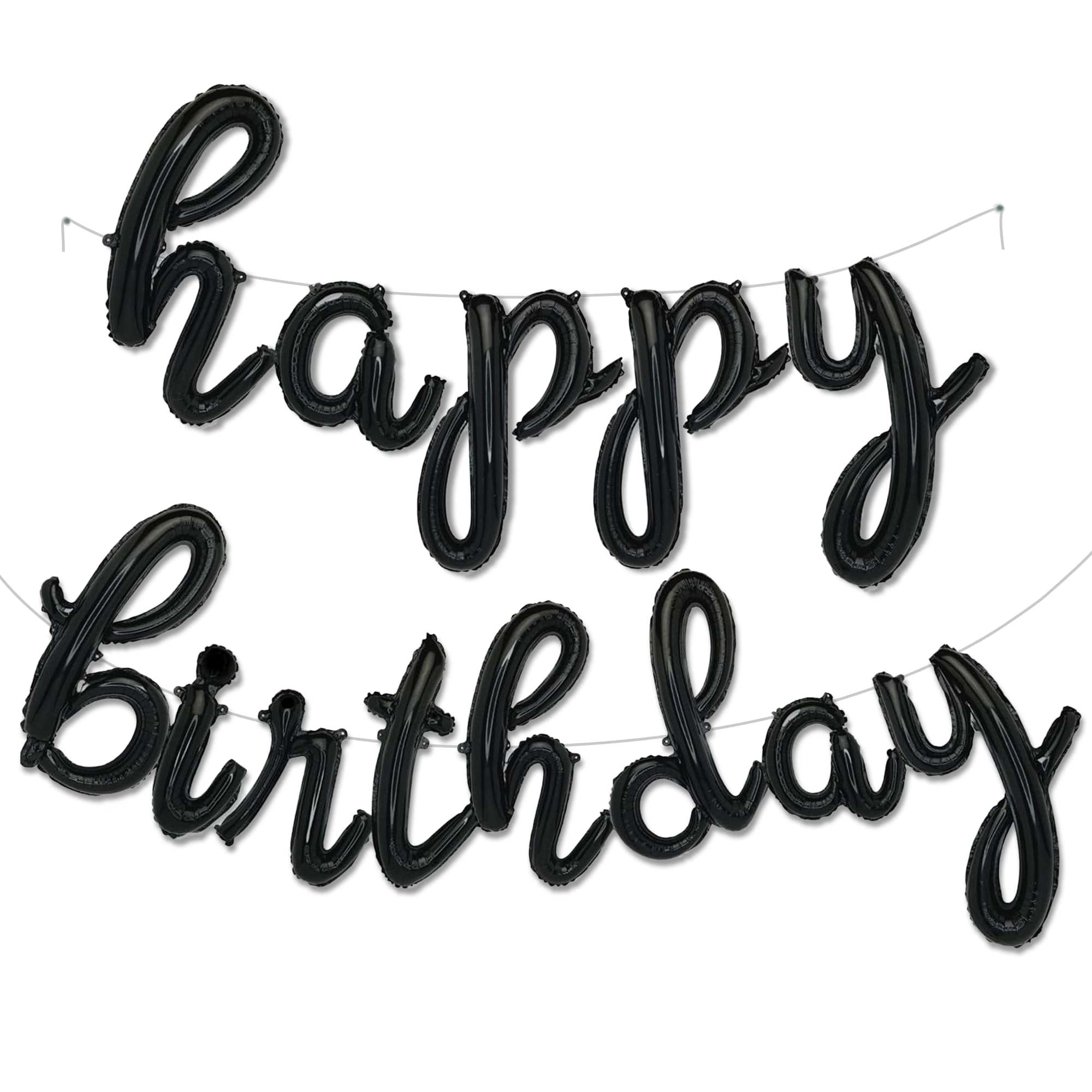 Black Happy Birthday Balloons Banner | Script/Cursive Silver Letter ...