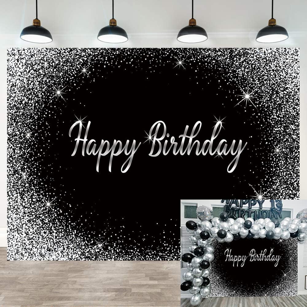 Black Happy Birthday Beautiful Backdrop Glitter Silver Dot Photography ...