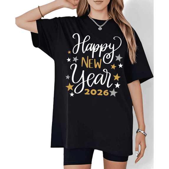 Black Happy New Year 2026 Graphic Tees Stars Print Tshirt T shirt Party Celebration Shirts S-5XL ...