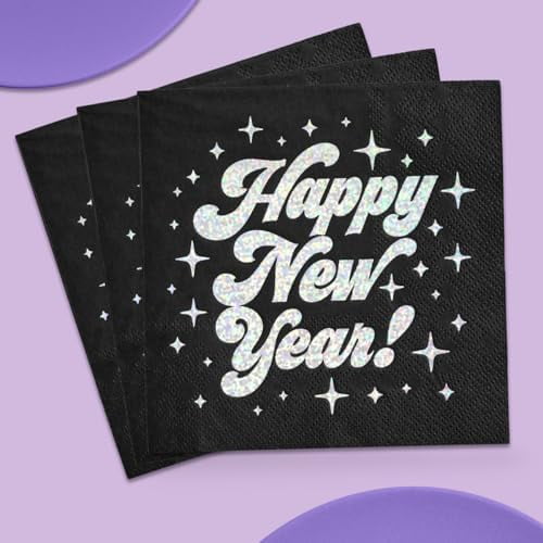 Black Happy New Year Paper Napkins - Iridescent Foil | 3-ply, 50 pcs ...